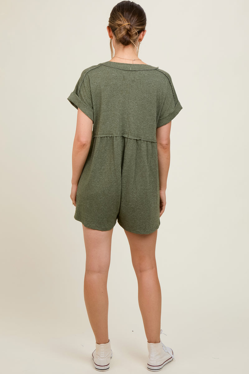 Olive Button Up Raw Hem Maternity Romper– PinkBlush