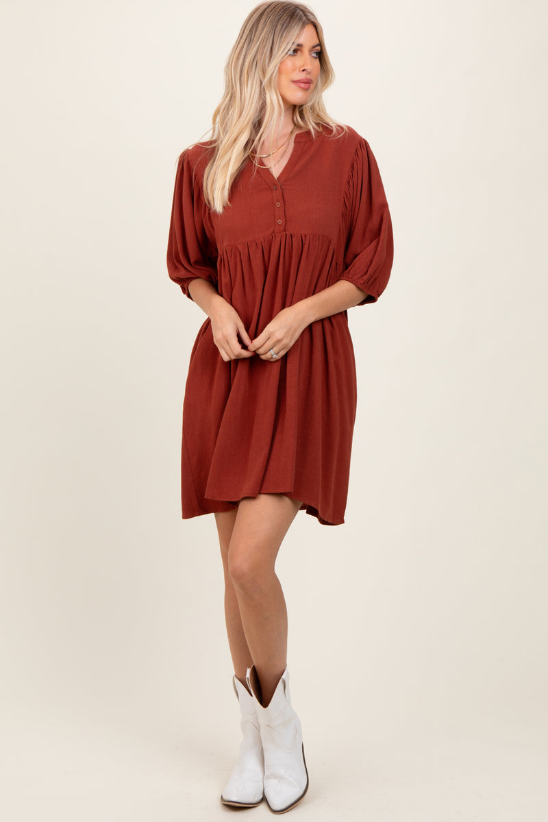 Rust Button Up Split Neck Dress– PinkBlush