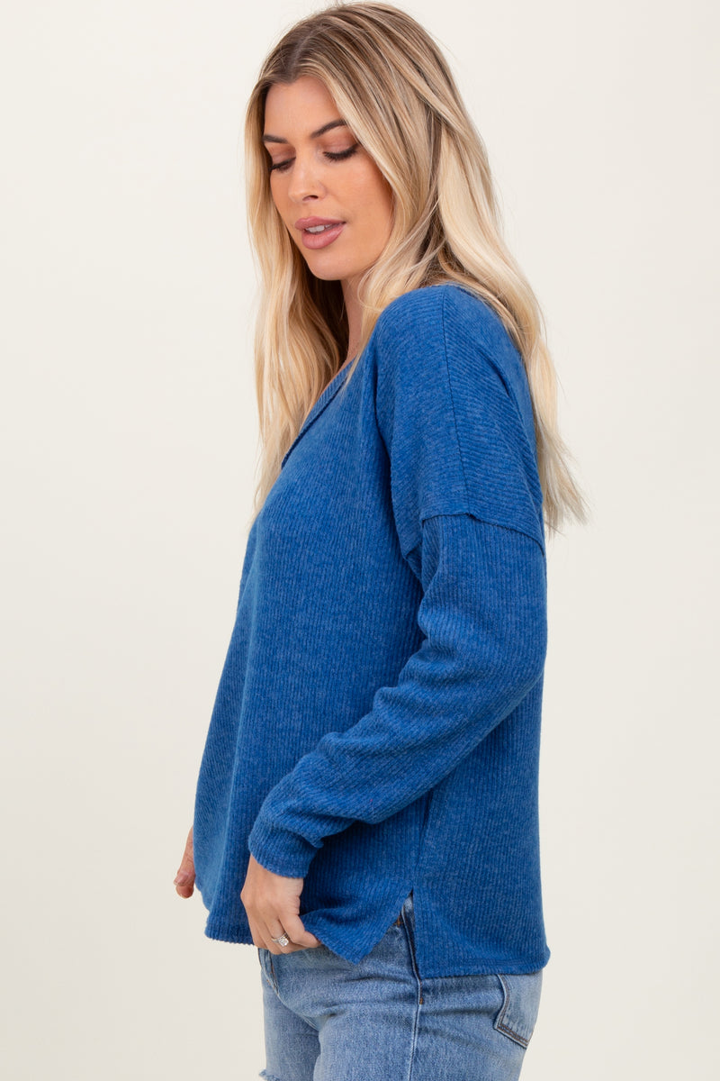 Royal Blue Ribbed V-Neck Long Sleeve Top– PinkBlush