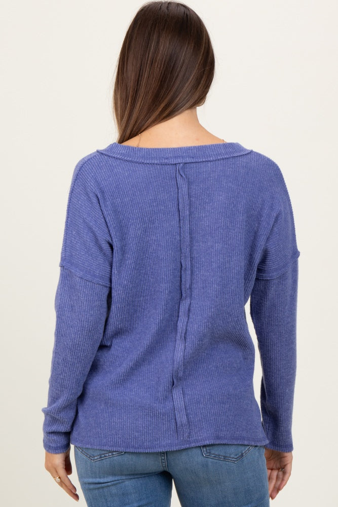 Blue Ribbed V-Neck Long Sleeve Maternity Top– PinkBlush