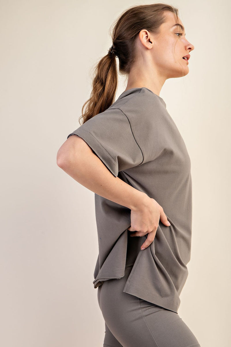 Olive Oversized V-Neck Side Slit Tee– PinkBlush