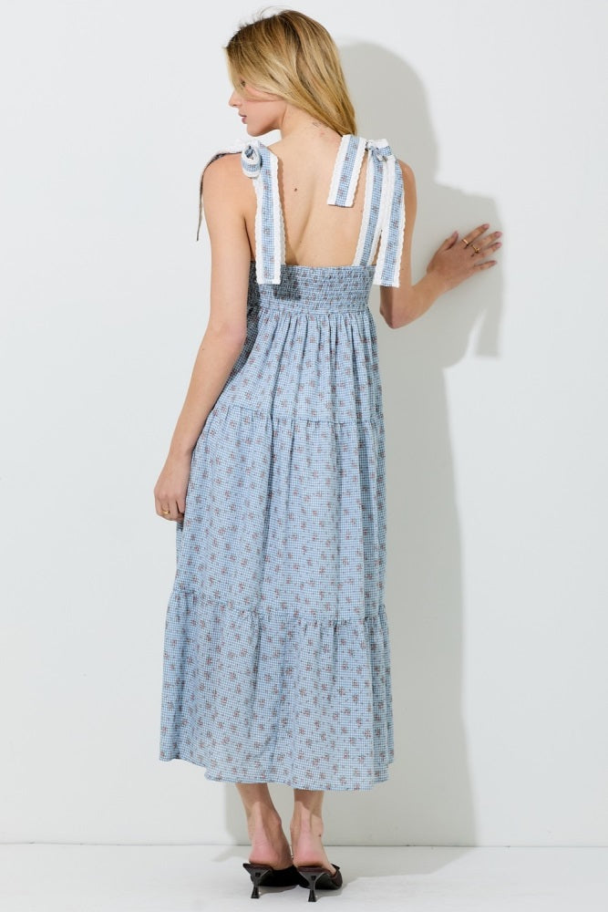 Blue Floral Gingham Shoulder Tie Midi Dress – PinkBlush