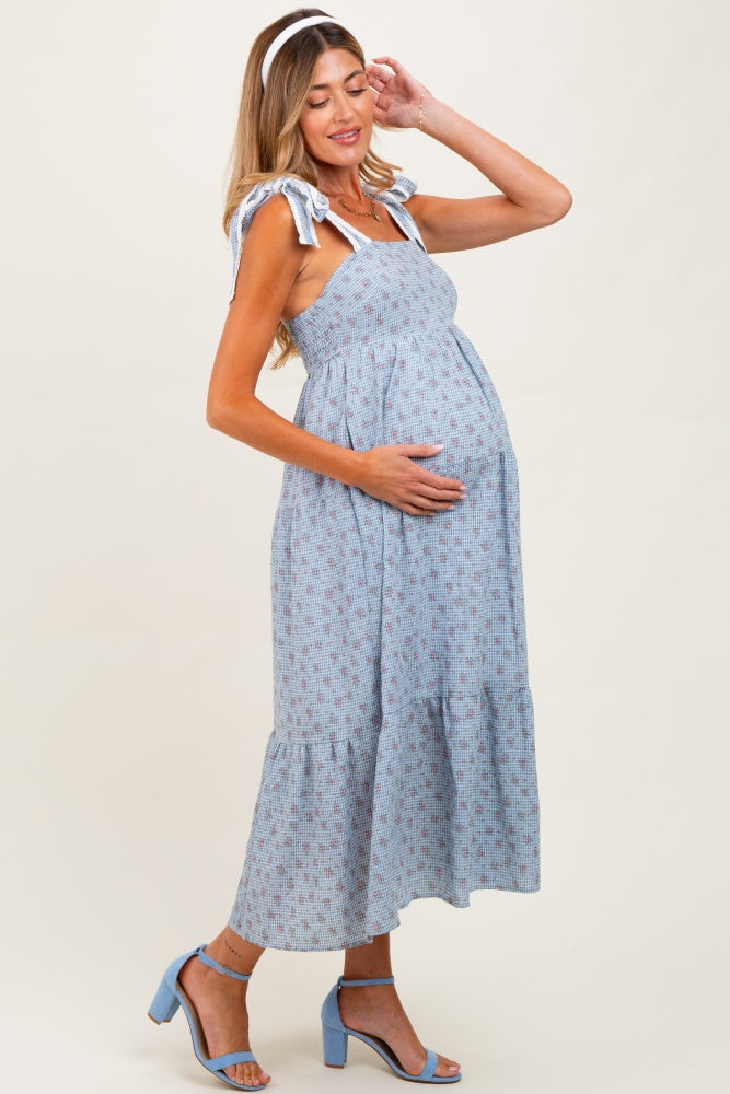 Blue Floral Gingham Shoulder Tie Maternity Midi Dress – PinkBlush