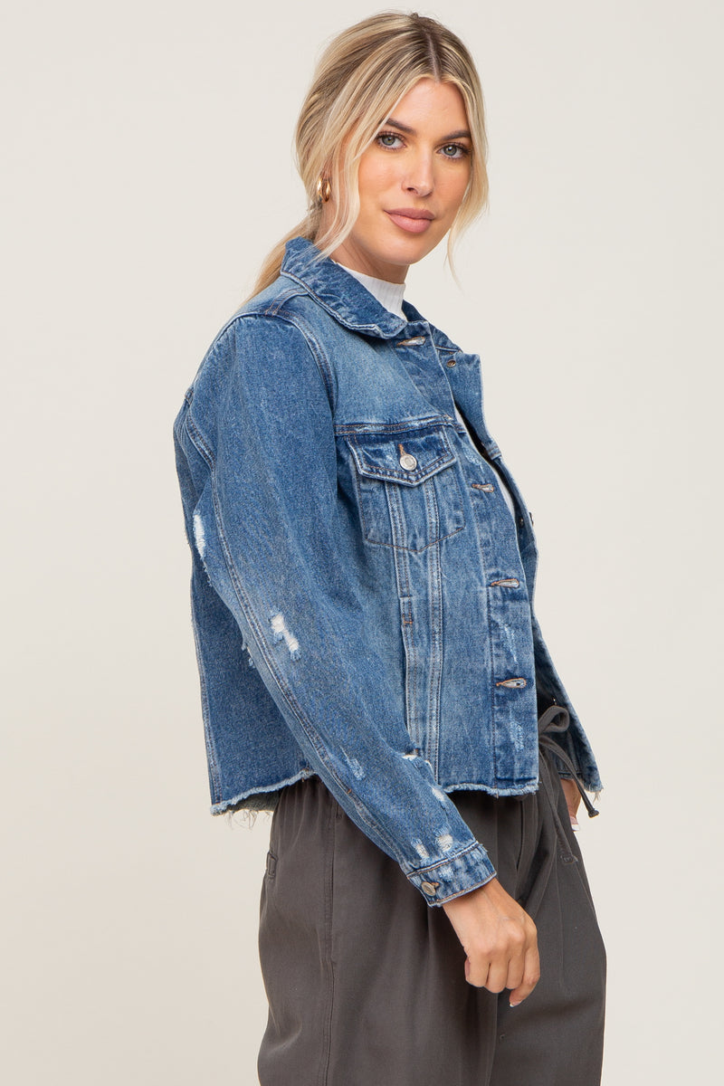 Navy Blue Distressed Cropped Denim Jacket – PinkBlush