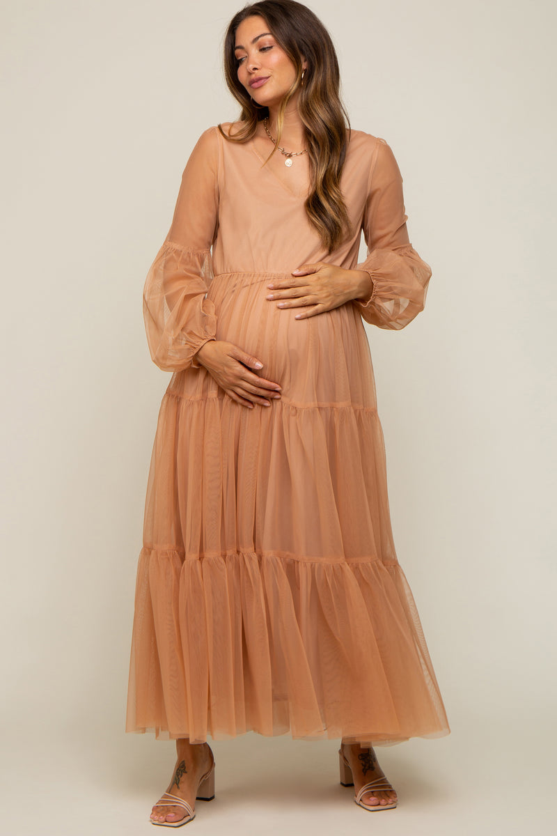 Rust Mesh Overlay Tiered Maternity Maxi Dress– PinkBlush