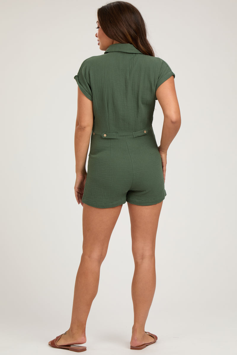 Olive Gauze Button Up Front Pocket Maternity Romper– PinkBlush