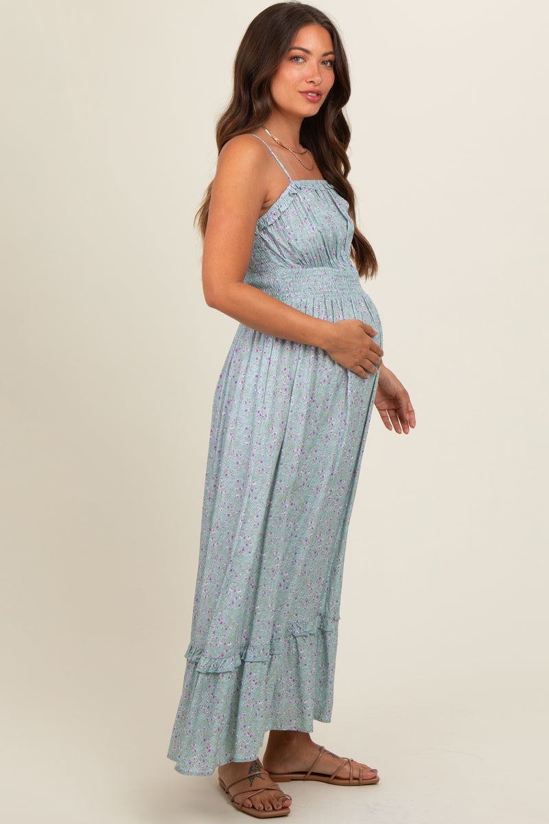 Light Blue Floral Ruffle Square Neck Smocked Waist Maternity Maxi Dres– PinkBlush