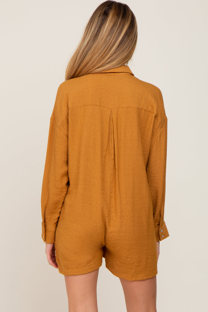 Camel Collared Button Front Maternity Romper– PinkBlush