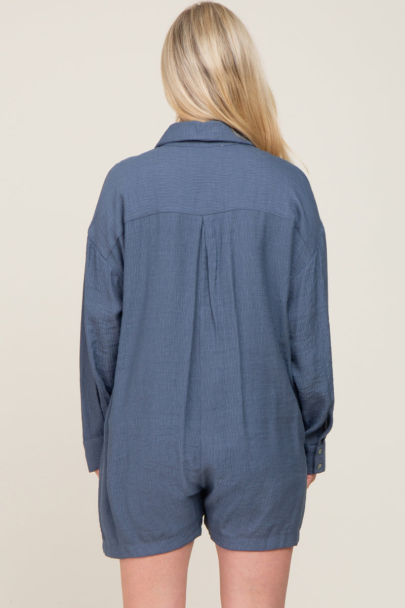 Blue Collared Button Front Maternity Romper – PinkBlush