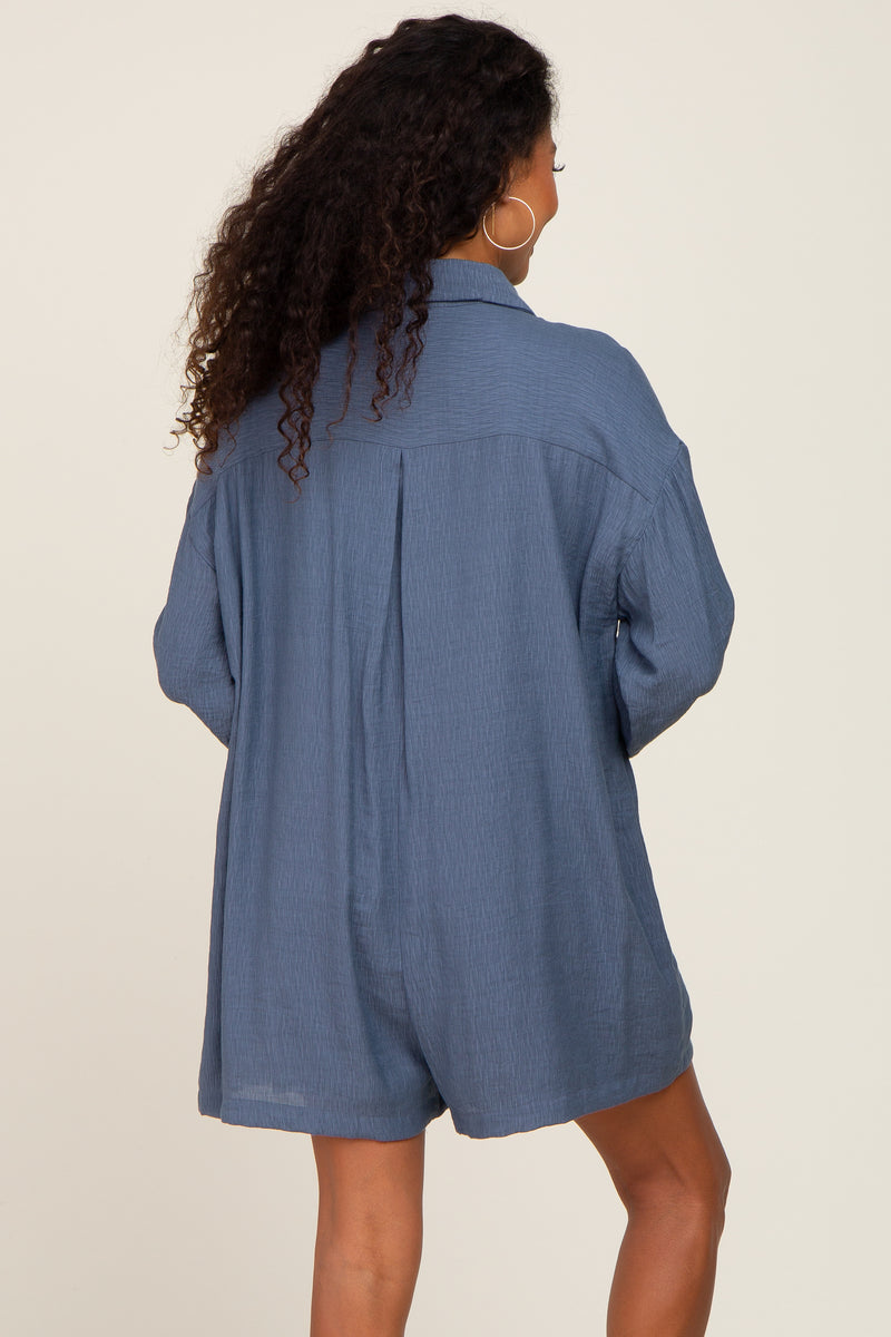 Blue Collared Button Front Romper– PinkBlush