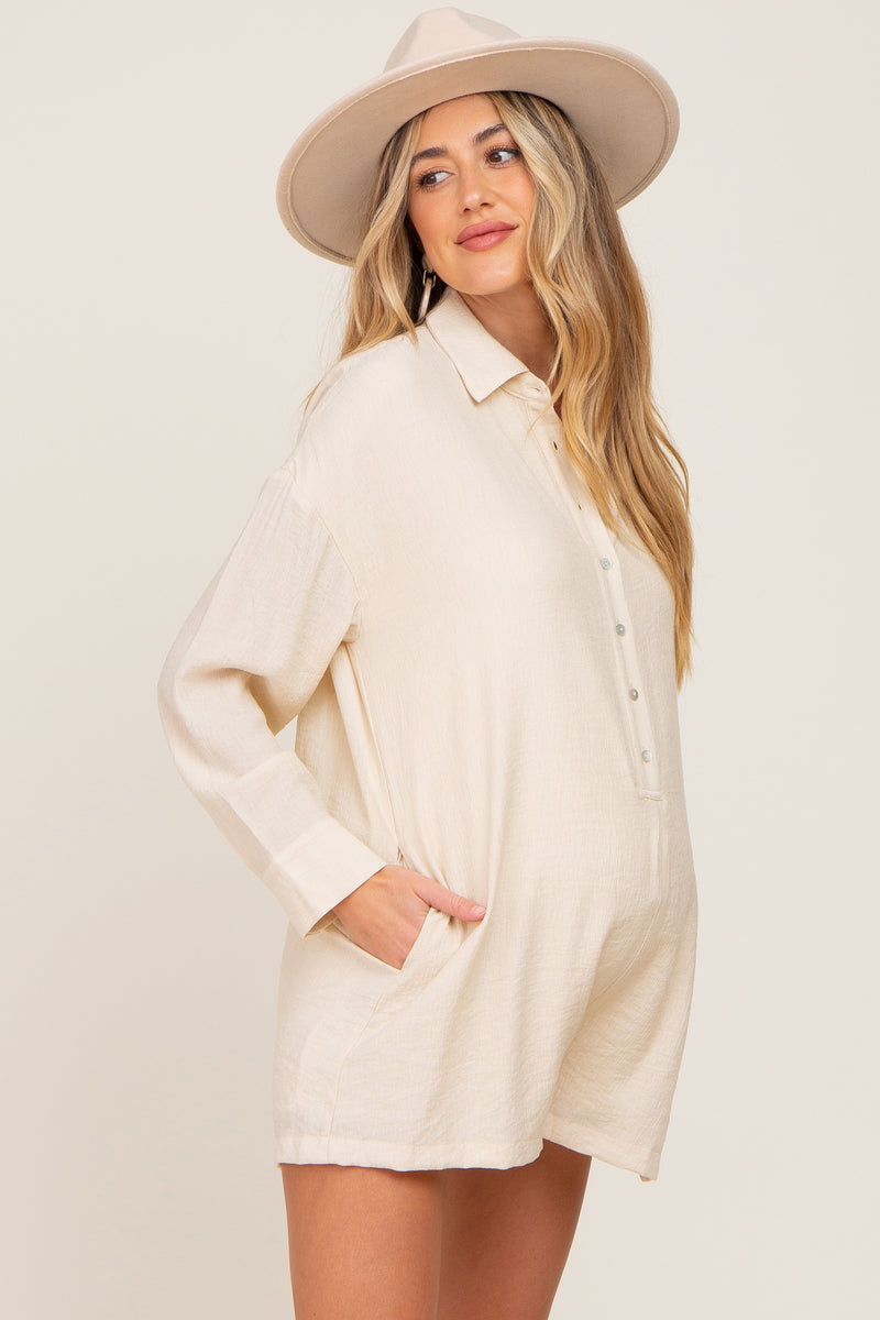 Ivory Collared Button Front Maternity Romper – PinkBlush