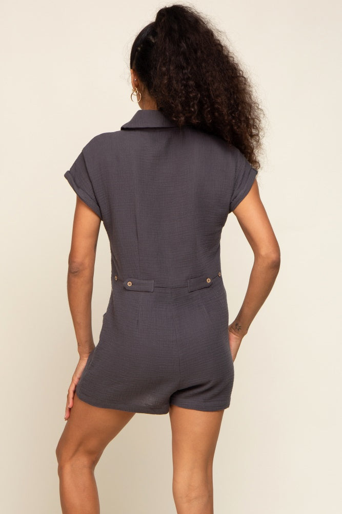 Charcoal Gauze Button Up Front Pocket Romper– PinkBlush
