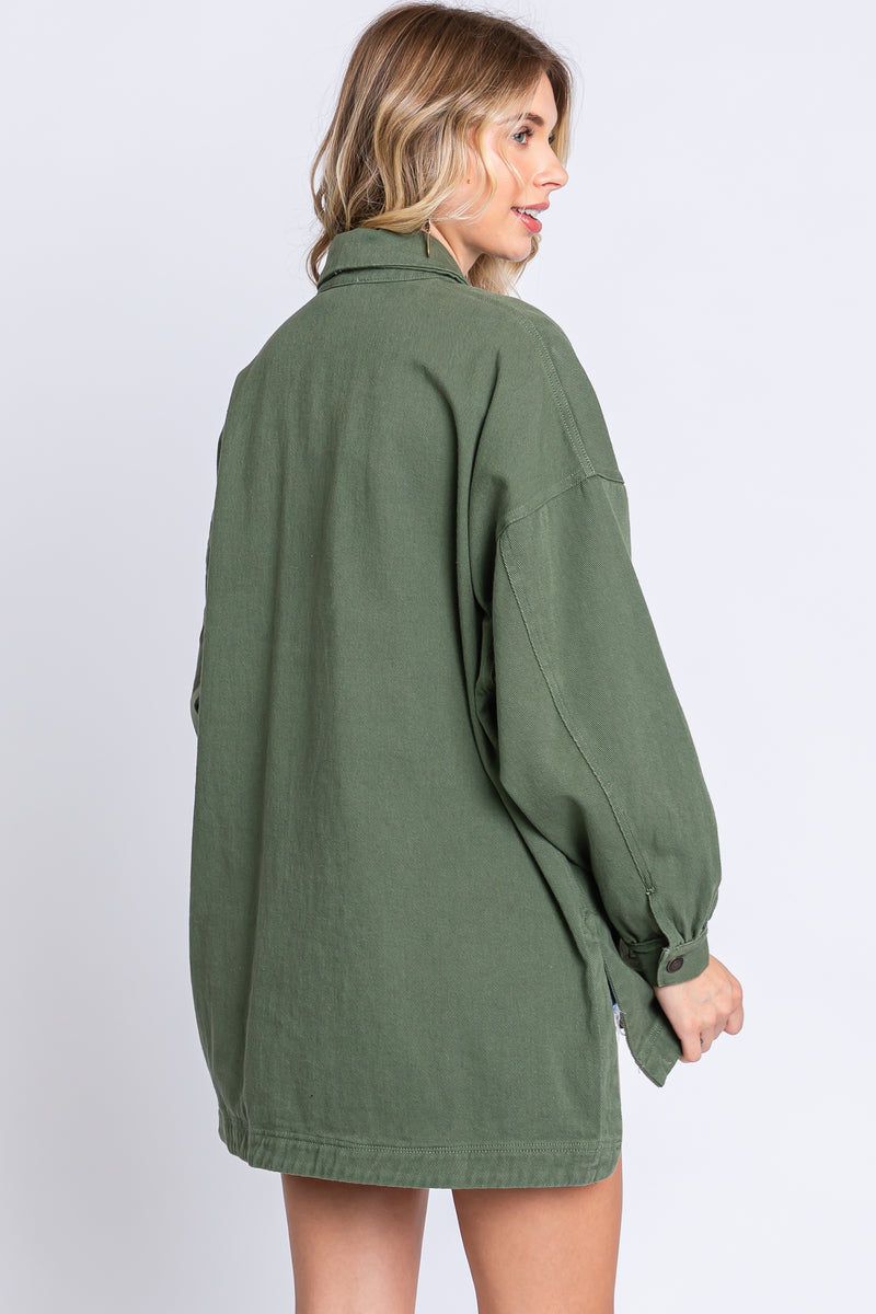 Olive Denim Button Down Button Down Jacket– PinkBlush