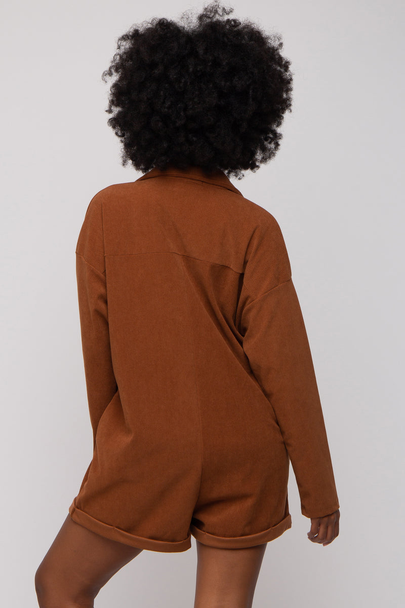 Camel Corduroy Button Up Front Pocket Romper – PinkBlush