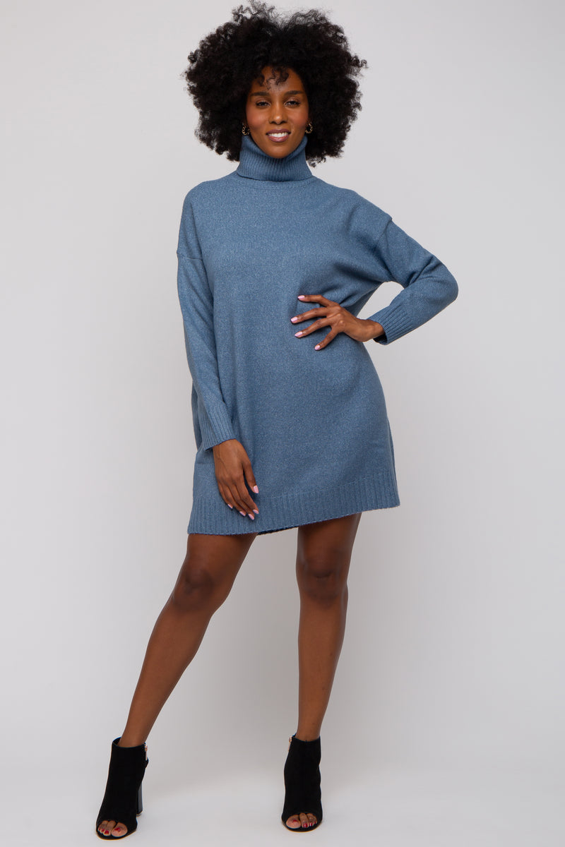 Blue Turtleneck Sweater Mini Dress– PinkBlush
