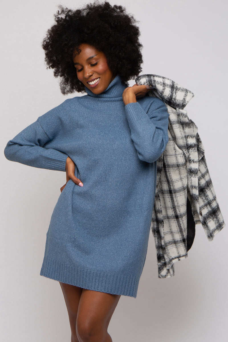 Blue Turtleneck Sweater Mini Dress– PinkBlush