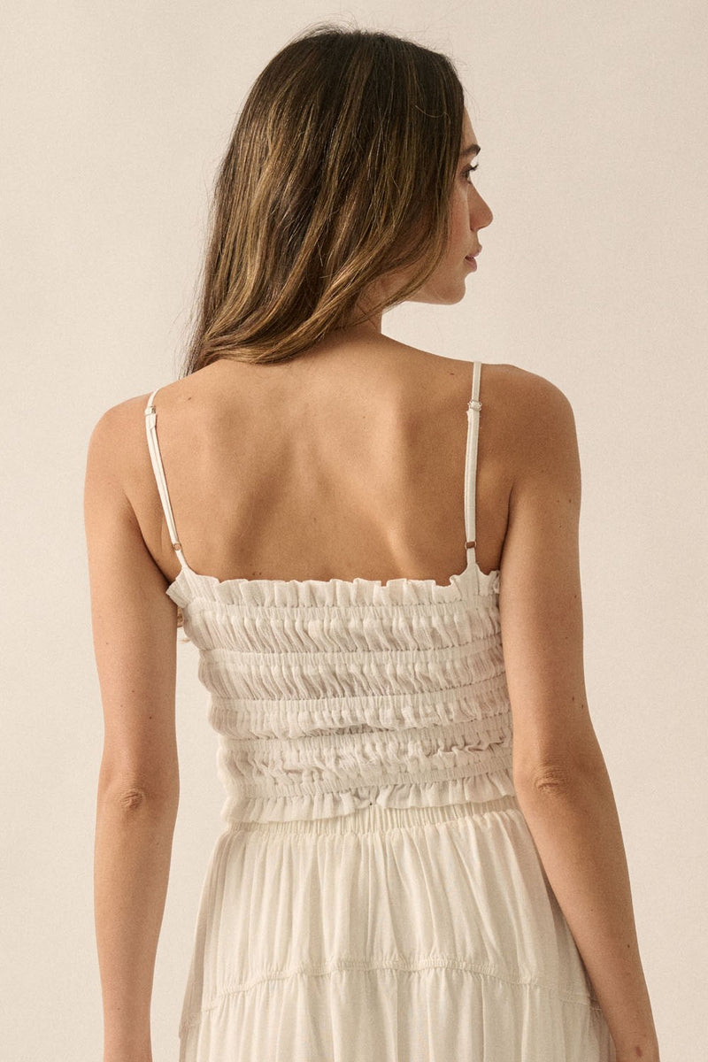 Off White Solid Smocked-Bodice Cropped Cami Top – PinkBlush