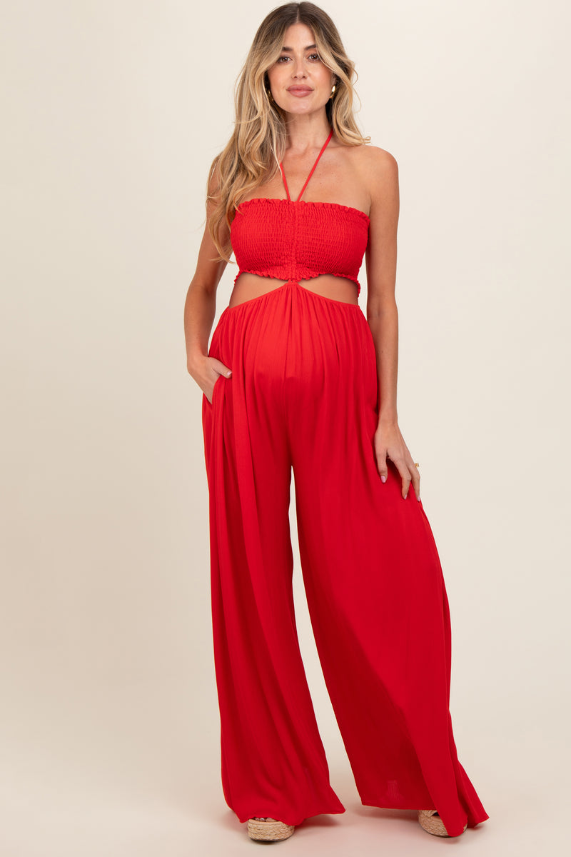 Red Smocked Drawstring Halter Side Cutout Maternity Jumpsuit – PinkBlush