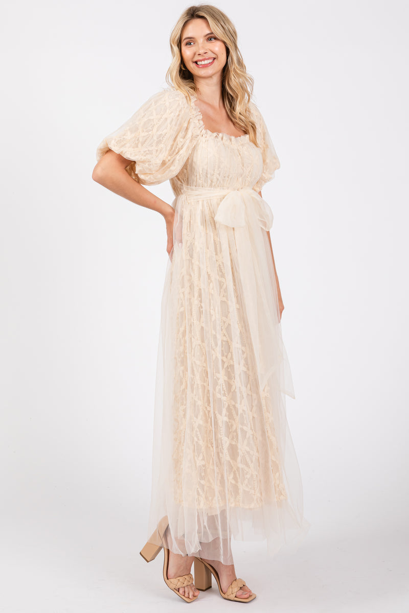 Cream Balloon Sleeve Embroidery Mesh Midi Dress – PinkBlush