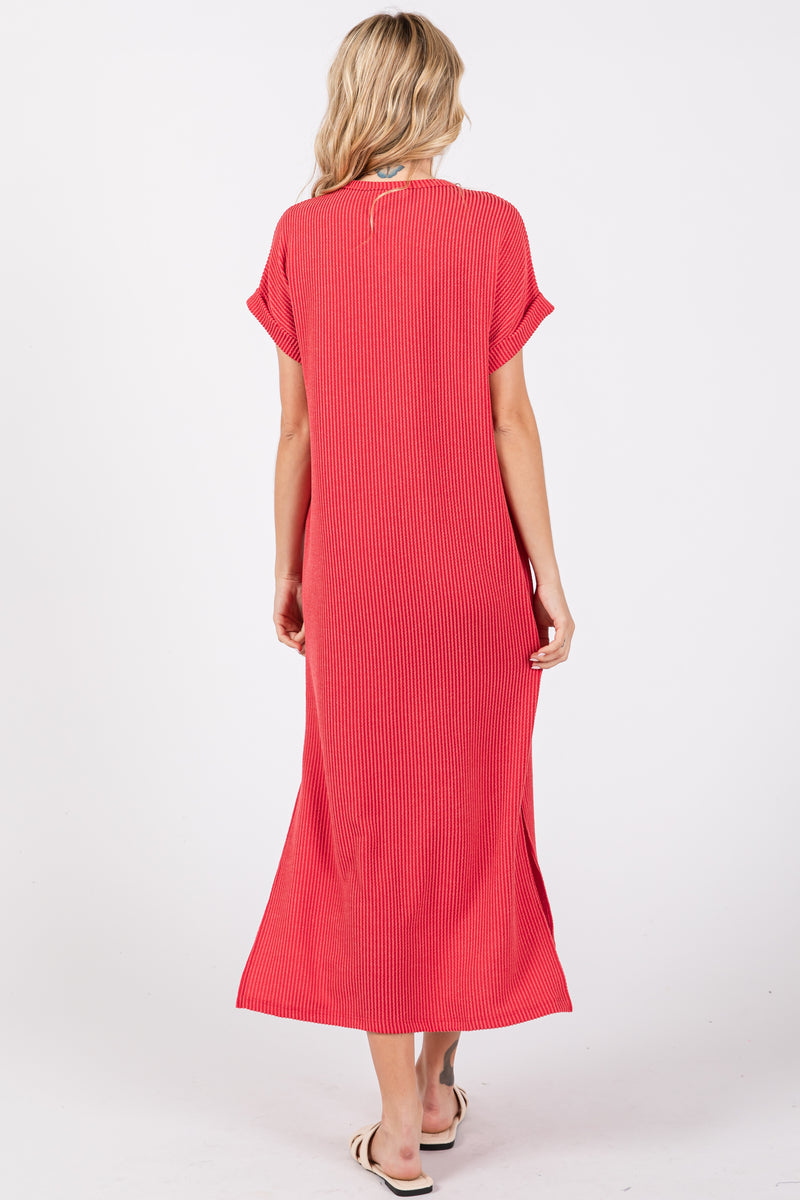 Red Ribbed Short Sleeve Midi Dress – PinkBlush