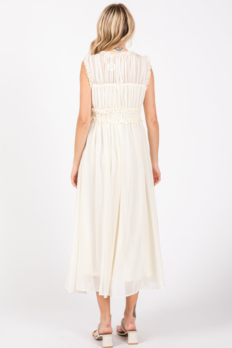 Cream Chiffon Ruched Lettuce Edge Ruffle Midi Dress– PinkBlush