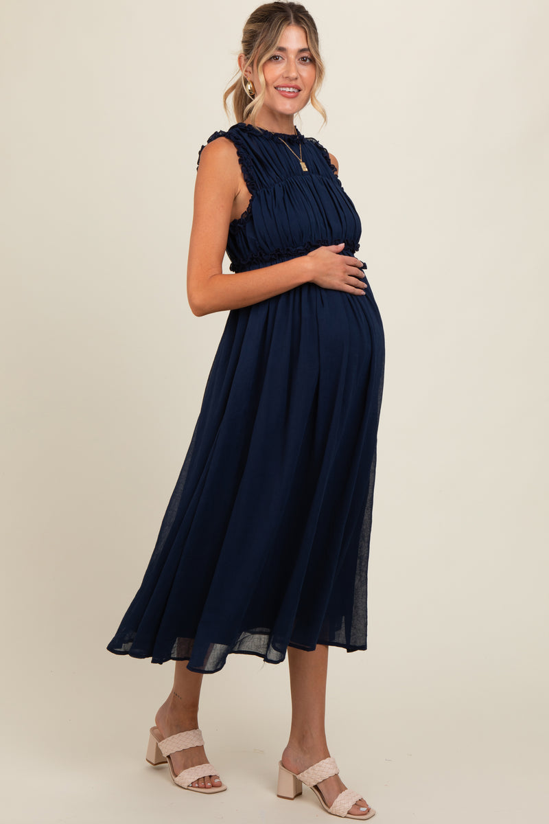 Navy Blue Chiffon Ruched Lettuce Edge Ruffle Maternity Midi Dress ...