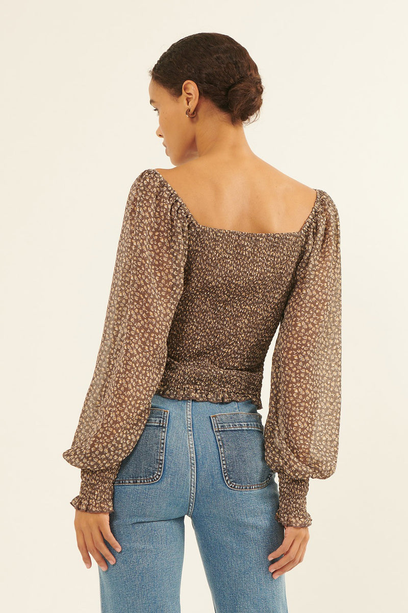 Chestnut Floral Chiffon Ruched Long-Sleeve Peasant Top – PinkBlush