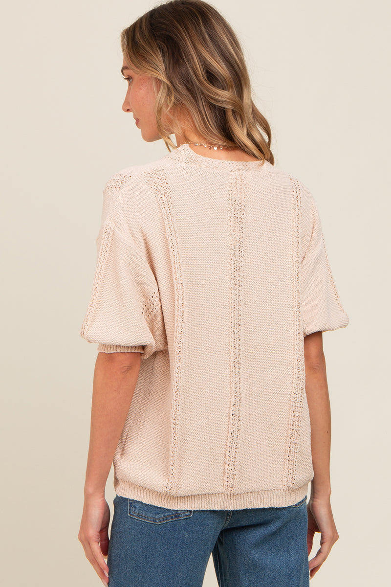 Beige Textured V-Neck Short Sleeve Cardigan– PinkBlush