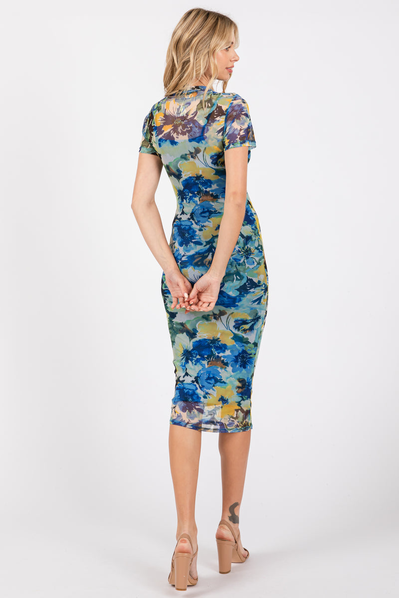 Blue Floral Mesh Short Sleeve Midi Dress – PinkBlush