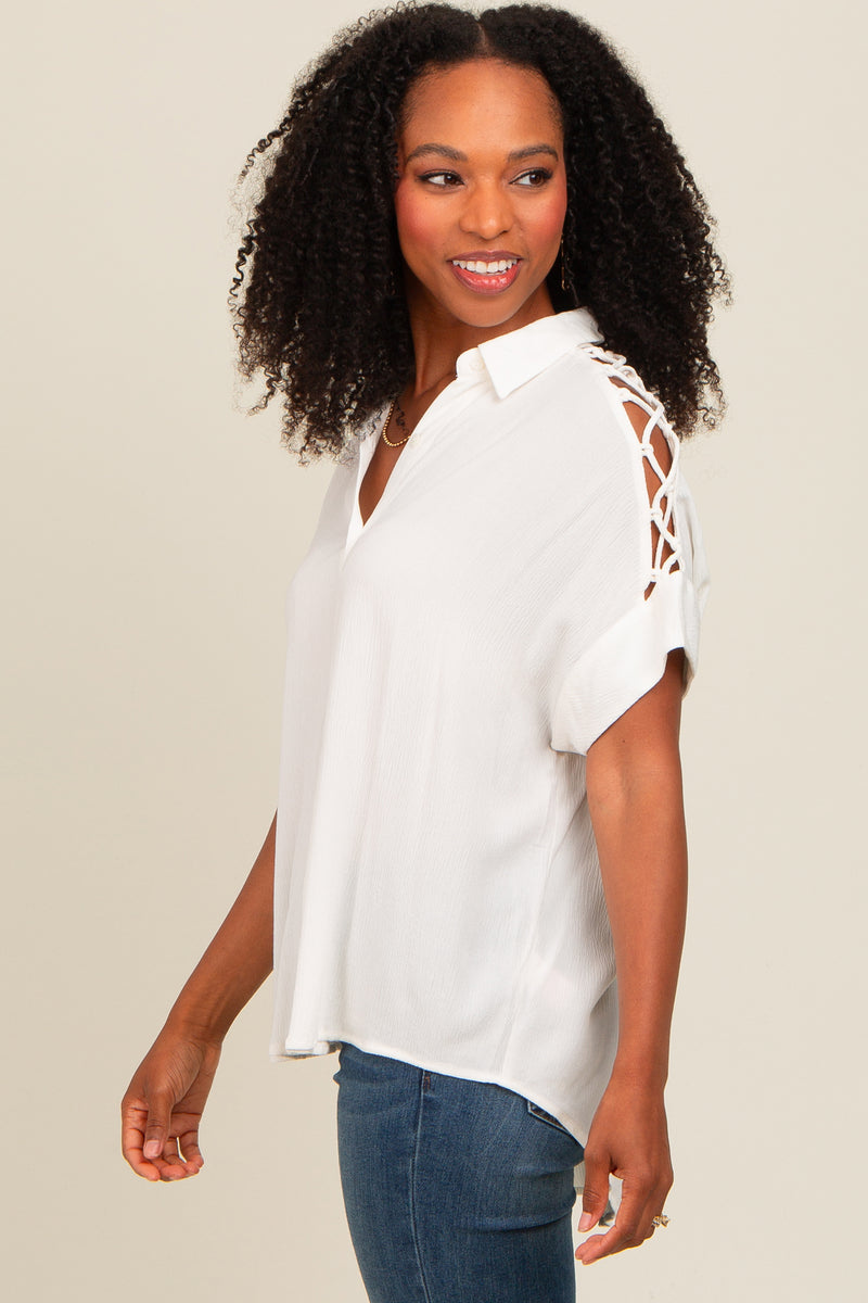 Ivory Button Down Lace-Up Shoulder Top– PinkBlush