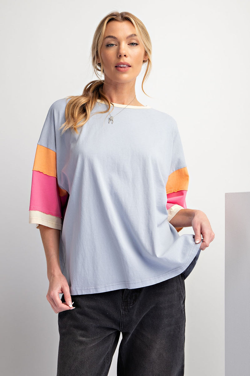 Light Blue Colorblock Detail Short Sleeve Top– PinkBlush