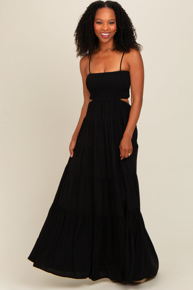 Black Smocked Cutout Maternity Maxi Dress– PinkBlush