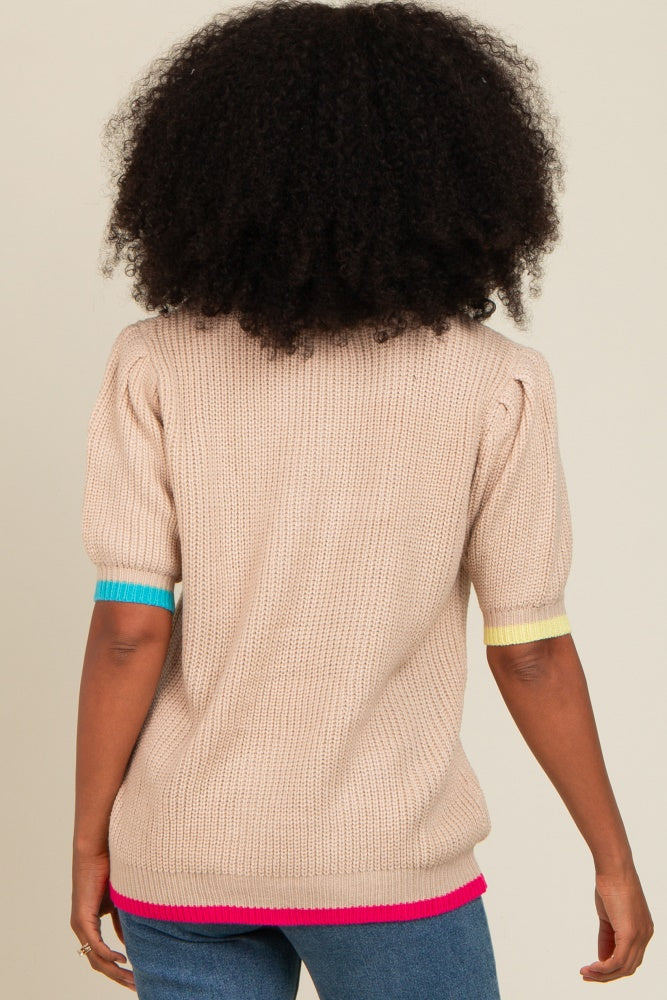 Beige Contrast Band Sweater – PinkBlush