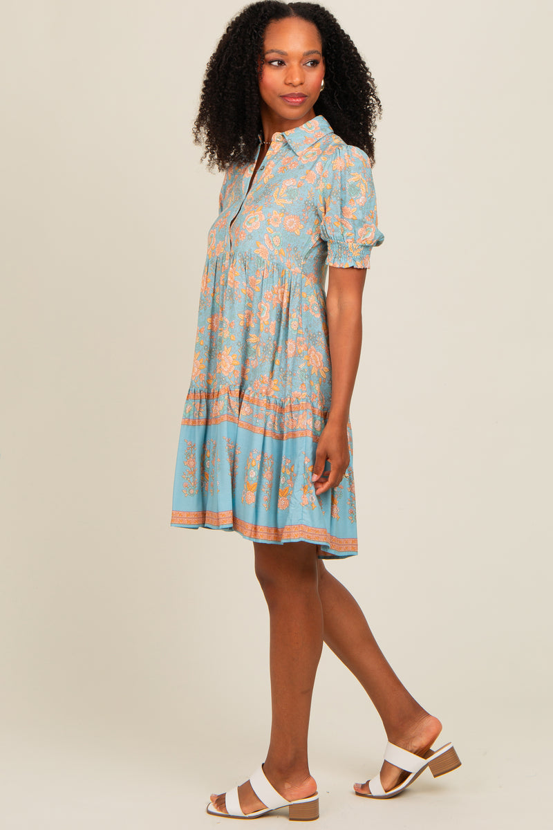 Light Blue Floral Button Up Ruffle Hem Dress – PinkBlush
