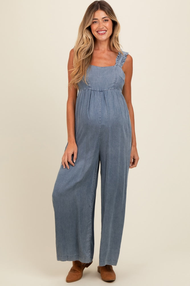 Denim Chambray Cutout Maternity Jumpsuit– PinkBlush
