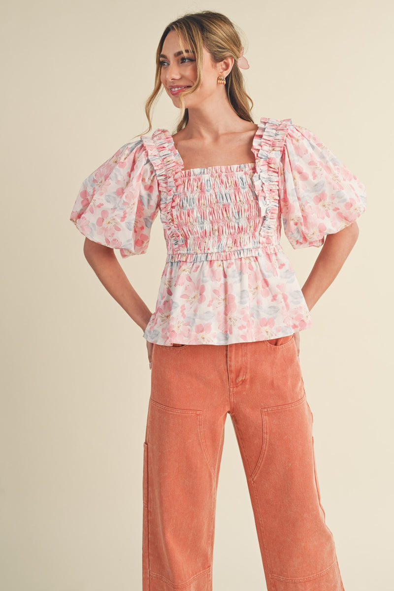 Pink Multi Floral Ruffle Trim Smocked Puff Sleeve Top– PinkBlush