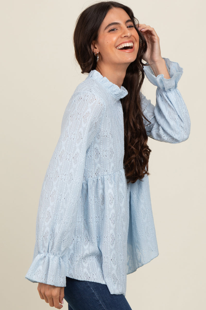 Light Blue Lace Ruffled Neck Top – PinkBlush