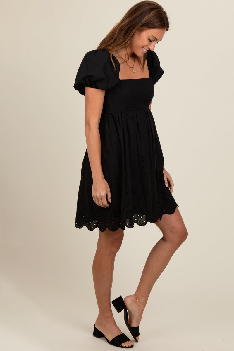 Black Eyelet Lace Puff Sleeve Dress – PinkBlush