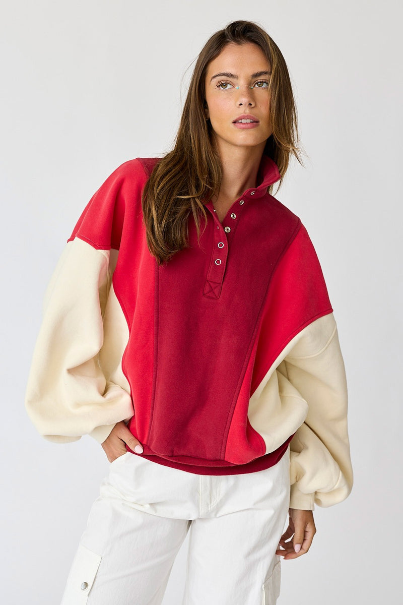 Red Colorblock Snap Button Polo Sweatshirt– PinkBlush
