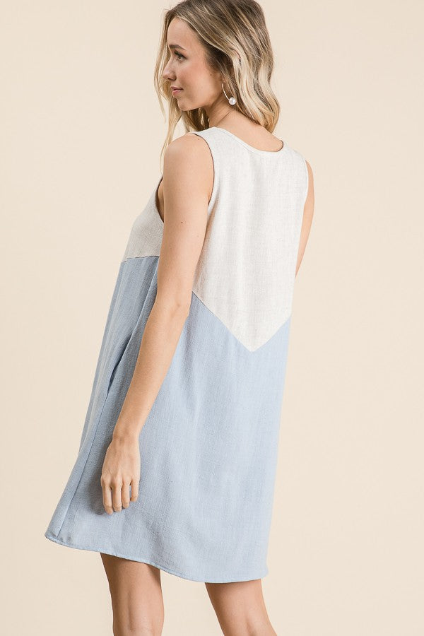 Blue Solid Linen Colorblock A Line Dress – PinkBlush