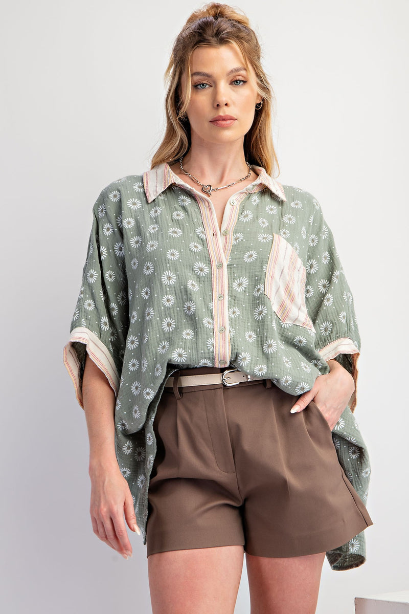 Light Olive Floral Contrast Print Button Down Top– PinkBlush