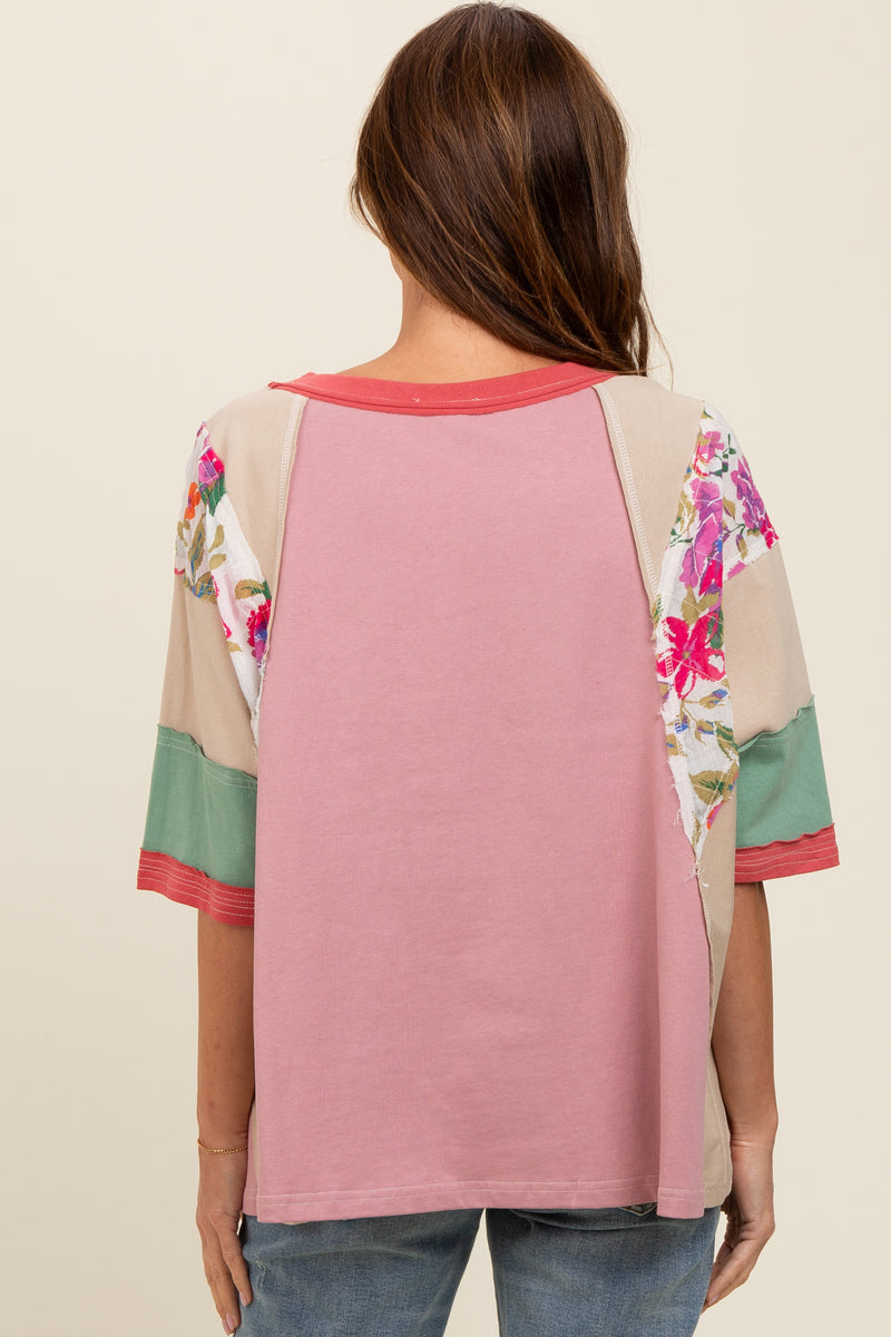 Mauve Floral Colorblock Raw Hem Oversized Top– PinkBlush