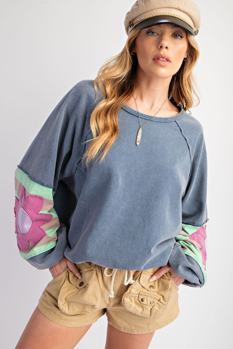 Navy Raw Edge Flower Patch Top – PinkBlush