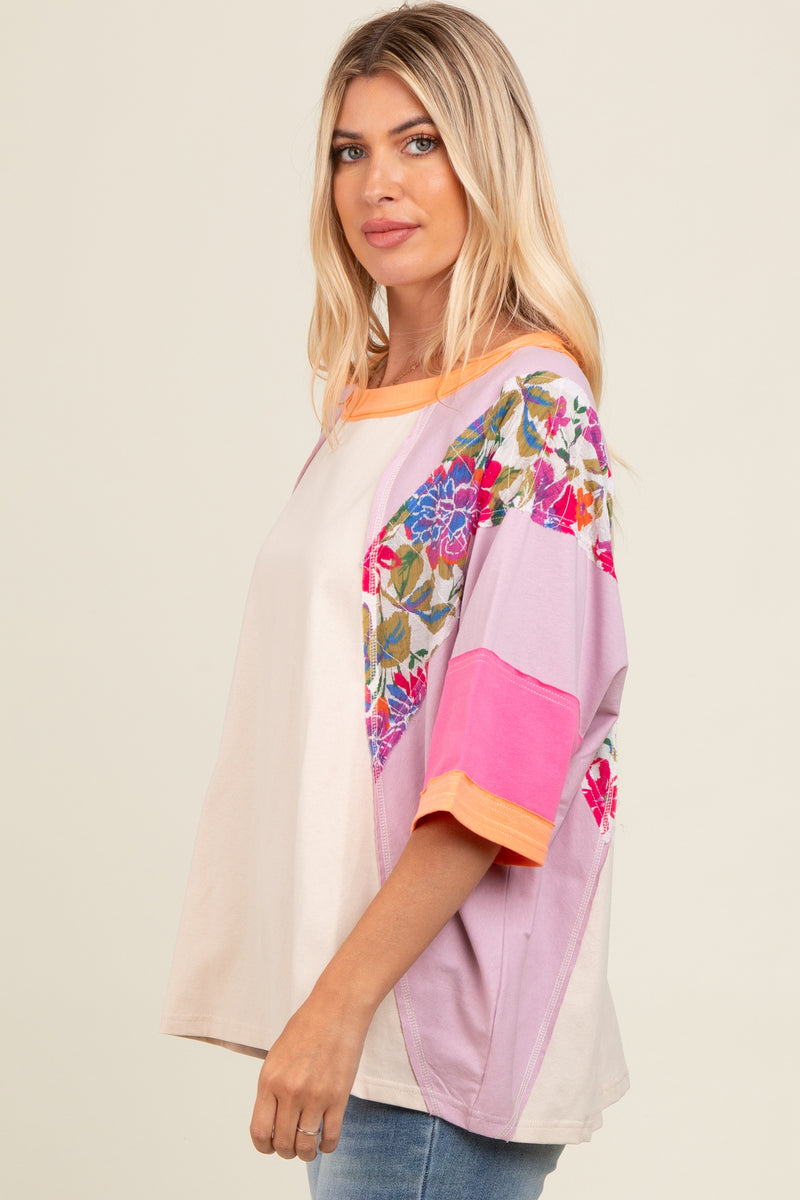 Lavender Floral Colorblock Raw Hem Oversized Top– PinkBlush