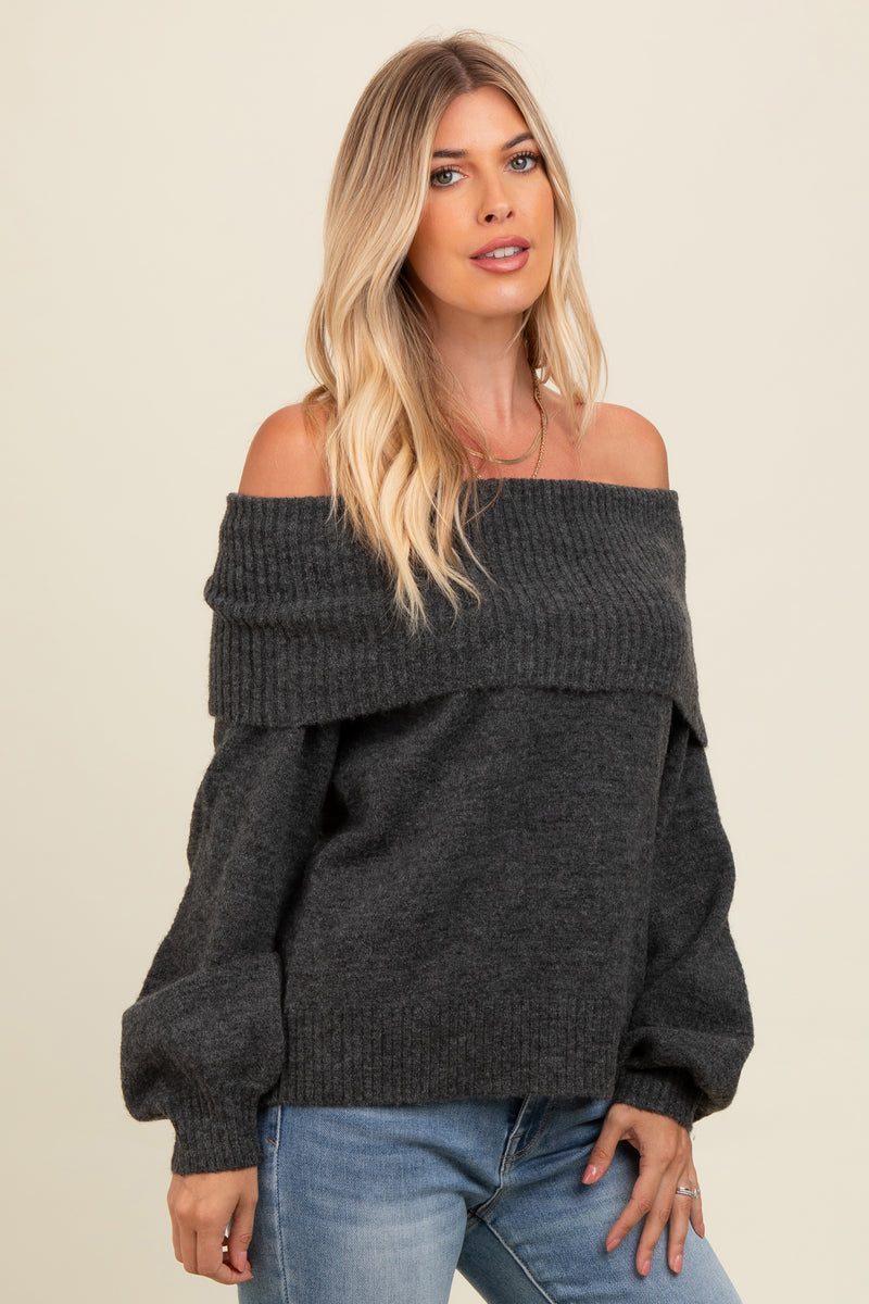 Charcoal Off Shoulder Foldover Sweater – PinkBlush