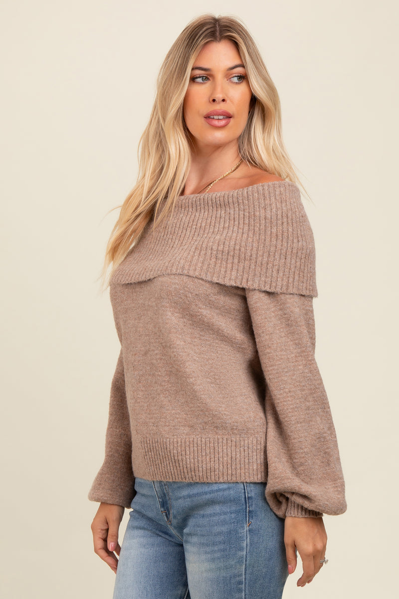 Mocha Off Shoulder Foldover Sweater– PinkBlush