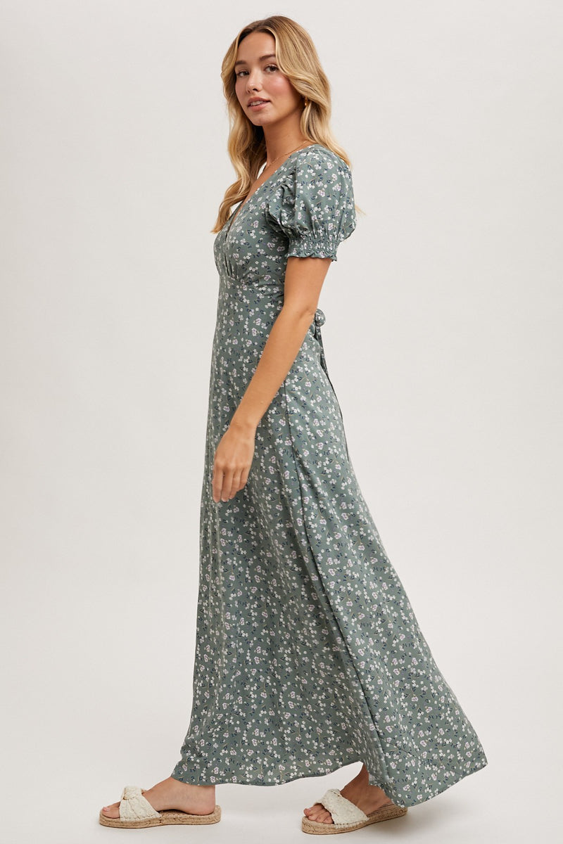 Sage Floral Print V-Neck Maxi Dress– PinkBlush