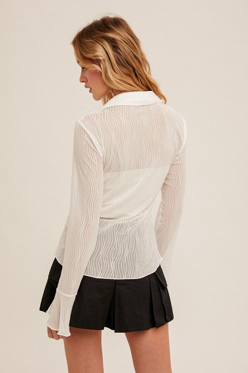 White Button Down Bell Sleeve Mesh Shirt – PinkBlush