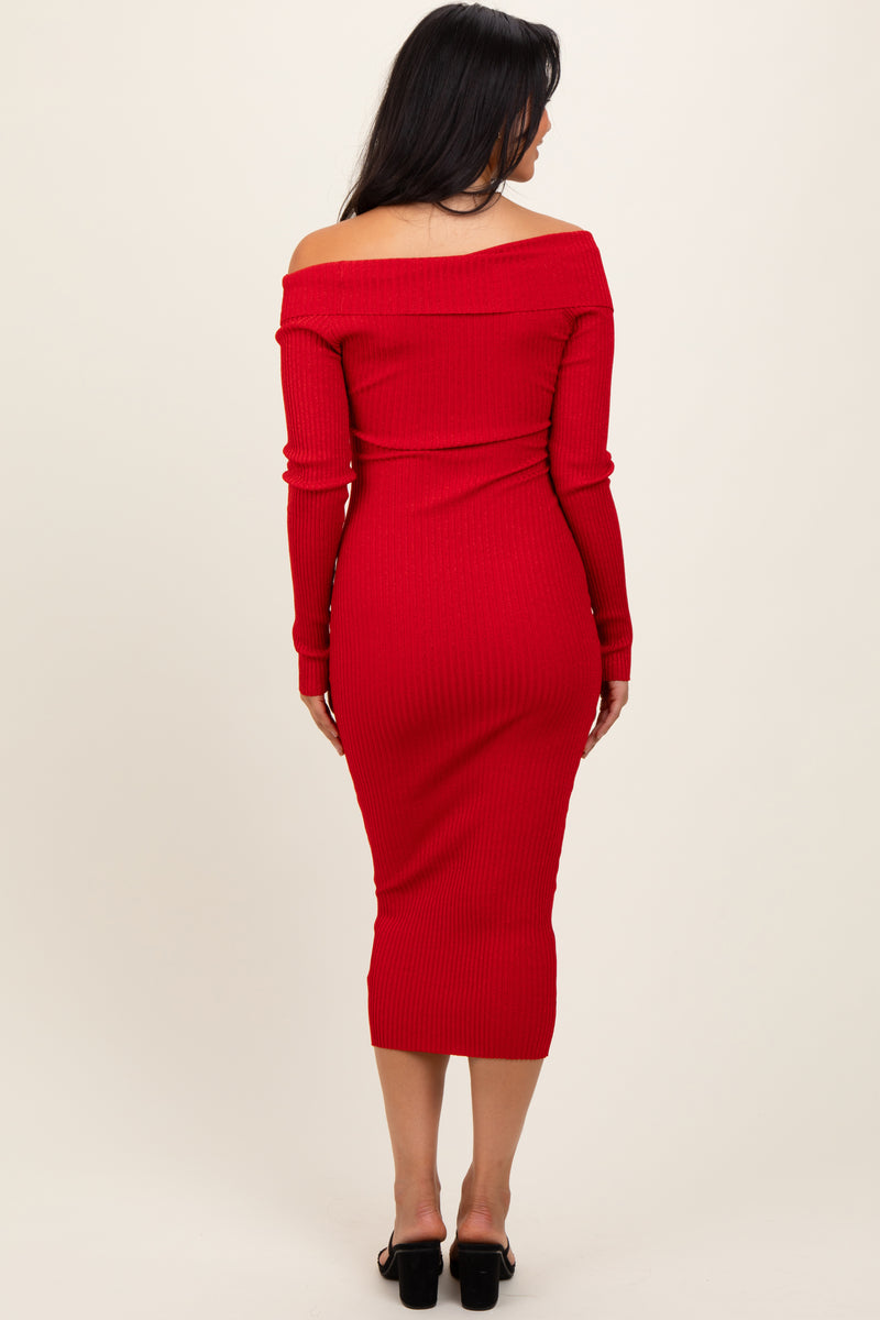 Red Ribbed Crossover Off Shoulder Midi Dress – PinkBlush