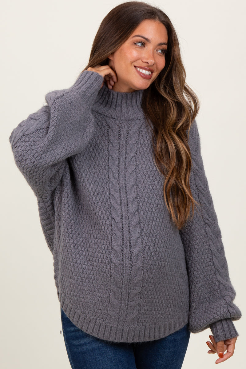 Charcoal Mixed Chunky Cable Knit Mock Neck Maternity Sweater – PinkBlush